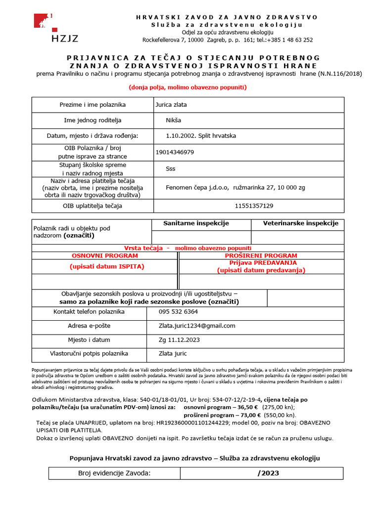 Prijavnica Hrana Pojedinacno | PDF