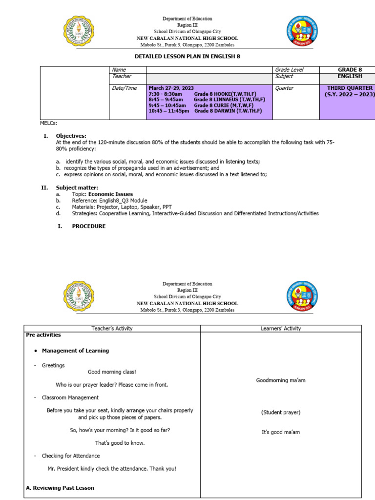 Economic Issues in English 8 Lesson Plan | PDF