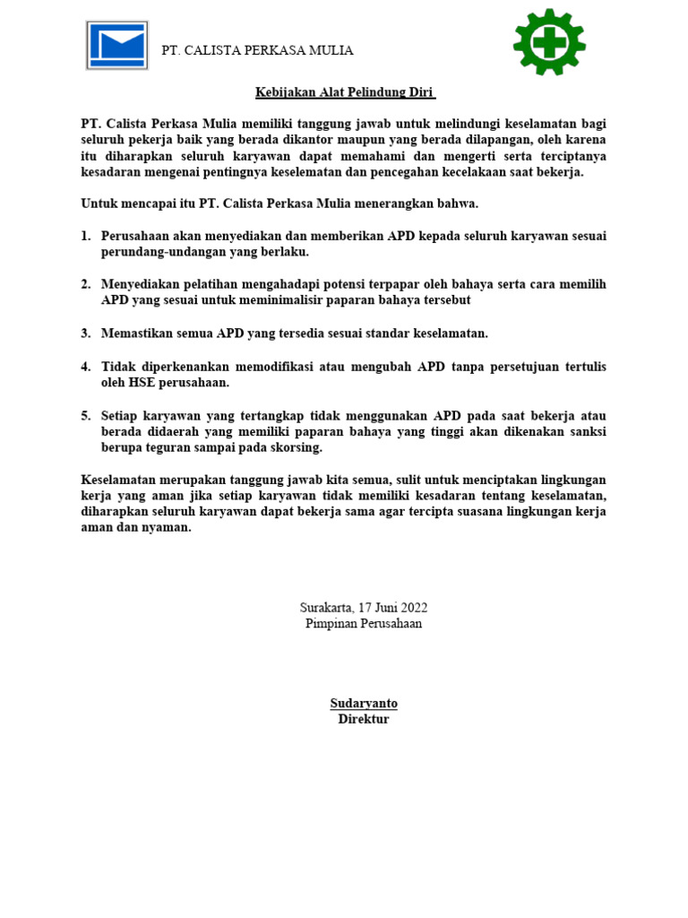 Kebijakan APD K3 CPM | PDF