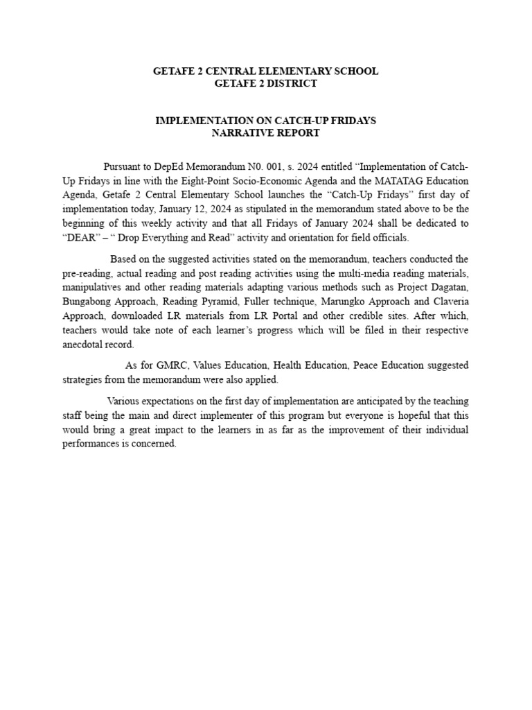 Narrative Report on G2CES Catch Up Friday Implementation | PDF