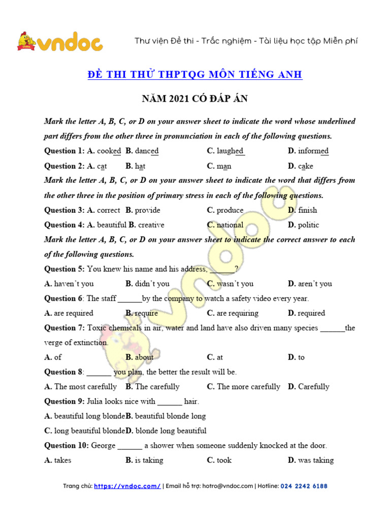 De Thi Thu Tieng Anh THPT Quoc Gia 2021 Co Dap An So 16 64 | PDF | Language Arts & Discipline