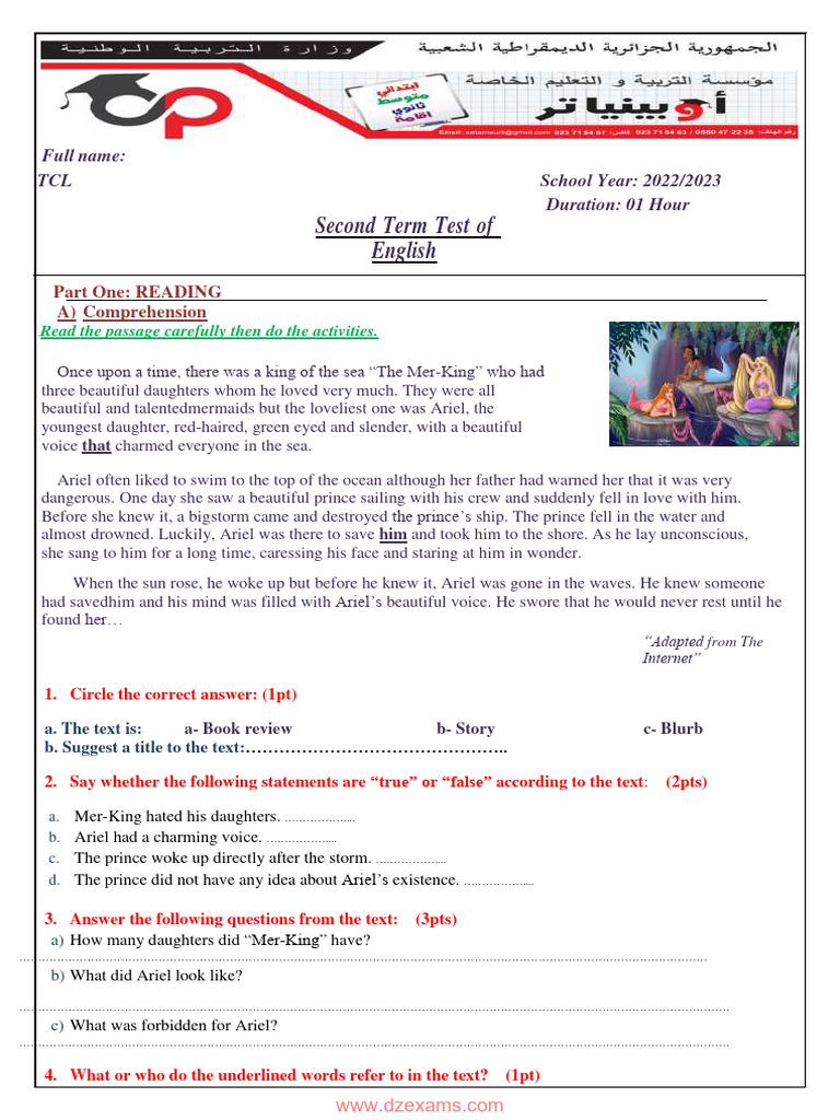English Exam: Ariel's Story 1AS | PDF | Languages | Foreign Language ...