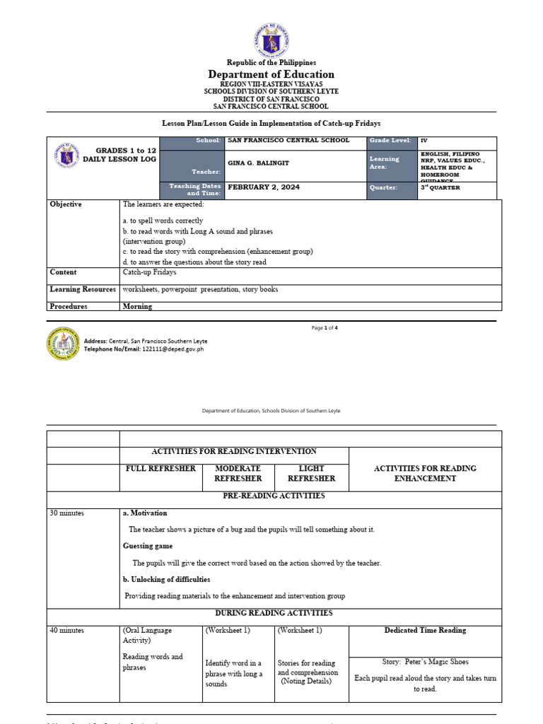 Lesson Plan for Catch-up Fridays Grades 1-12 | PDF