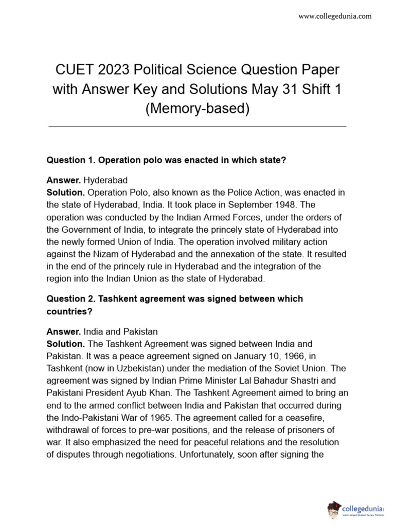CUET - 2023 - Political - Science - Question - Paper - May - 31 Aditya ...