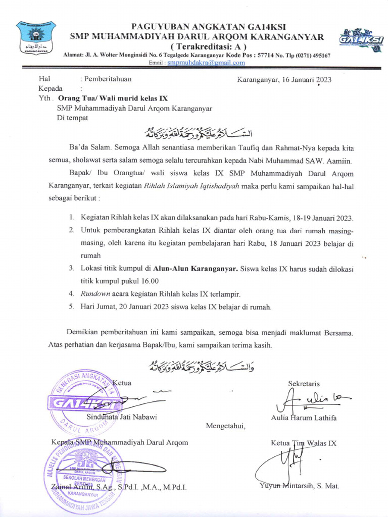 Surat Pemberitahuan Rihlah Dan Rundown | PDF