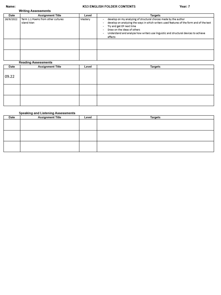 My Personal Targets For English | PDF