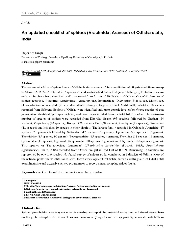 Spider Checklist of Odisha, India | PDF