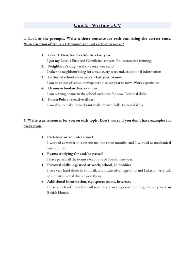 Unit 2 - Writing a CV | PDF