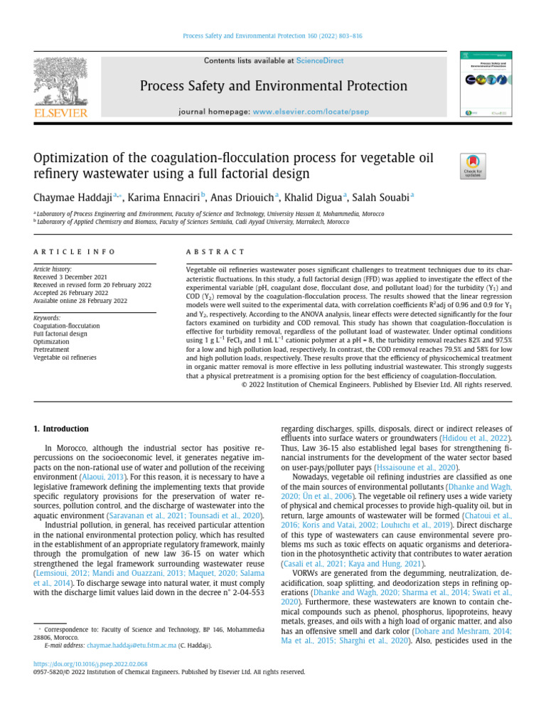 Optimization of The Coagulation-Flocculation Process For Vegetable Oil Refinery Wastewater Using ...