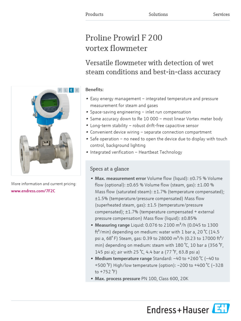 Endress-Hauser Proline Prowirl F 200 7f2c en Vortex Flowmeter Biogas | Download Free PDF | Flow ...