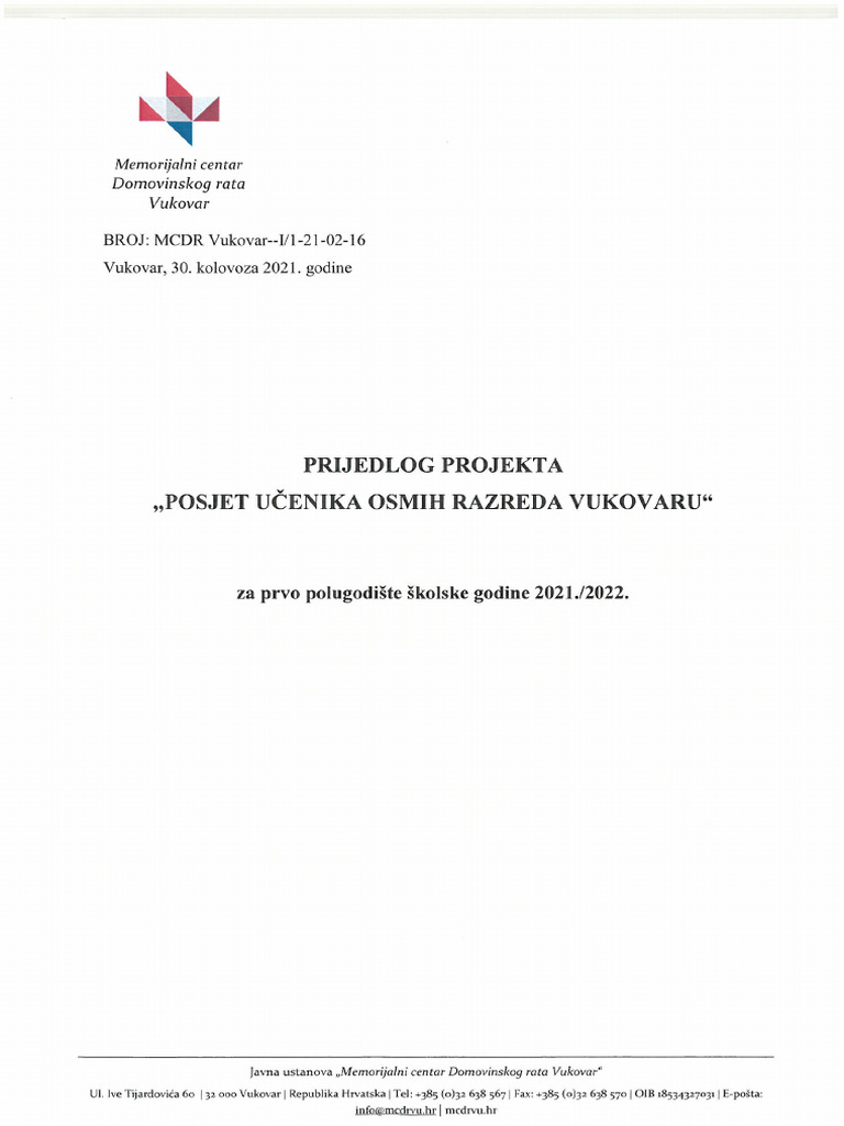 Prijedlog Projekta Posjet Ucenika Osmih Razreda Vukovaru Za I ...