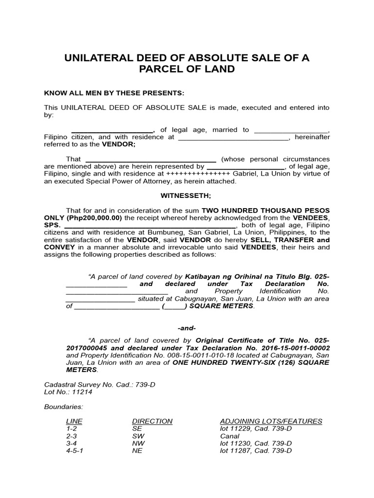 Deed of Absolute Sale | PDF | Land Lot | Deed