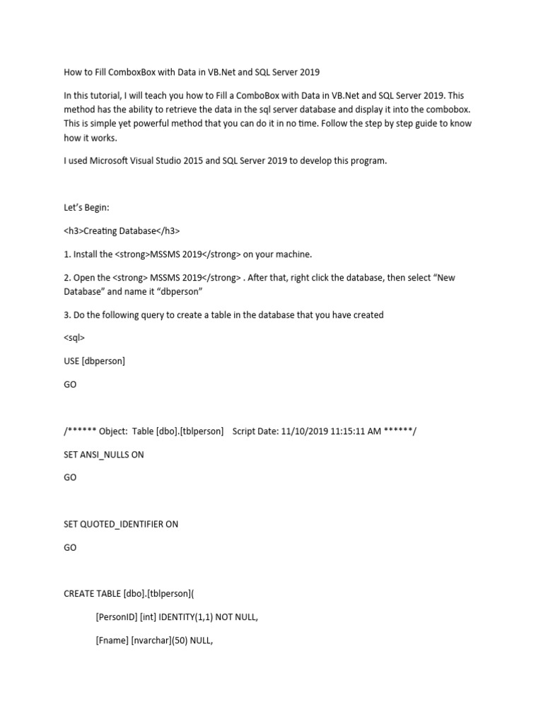 24122019072639how To Fill Data in A ComboBox in VB - Net and SQL Server 2018 | PDF