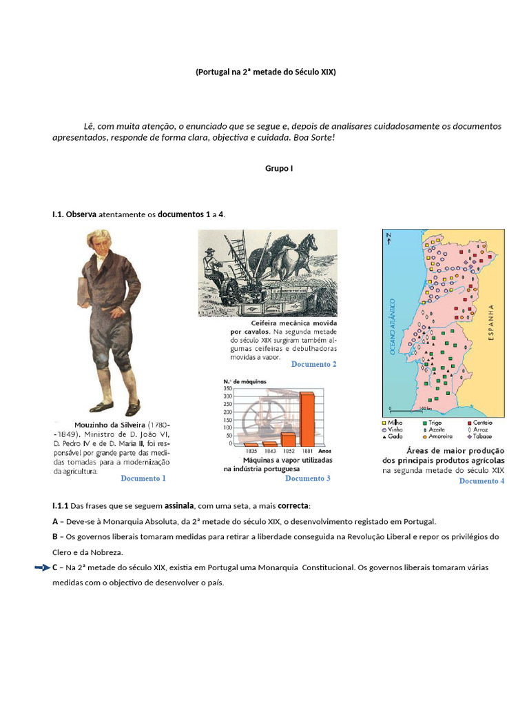 Teste 2 Historia 6 Ano Portugal Na Segunda Metade Do Seculo XIX ...