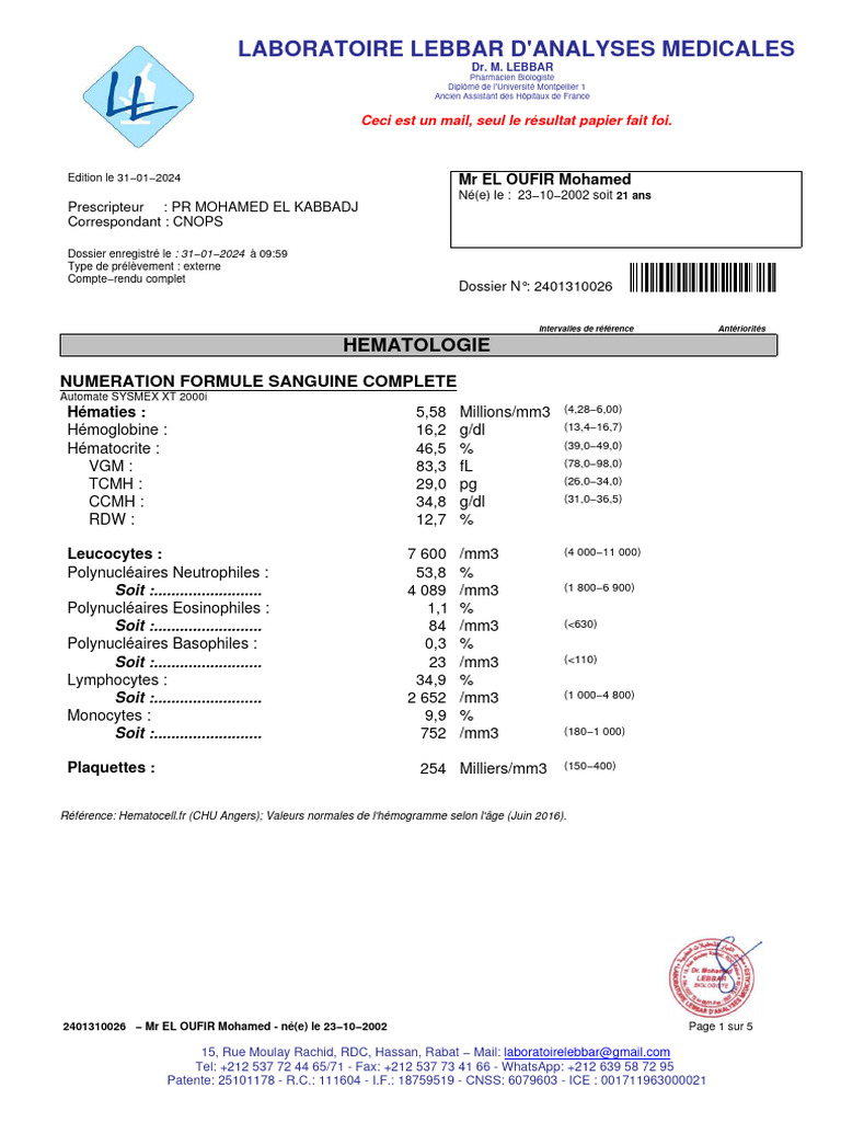 Laboratoire Lebbar D'Analyses Medicales: Hematologie | PDF