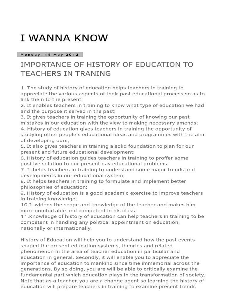 Importance of Education History for Teachers | PDF | Knowledge | Cognition