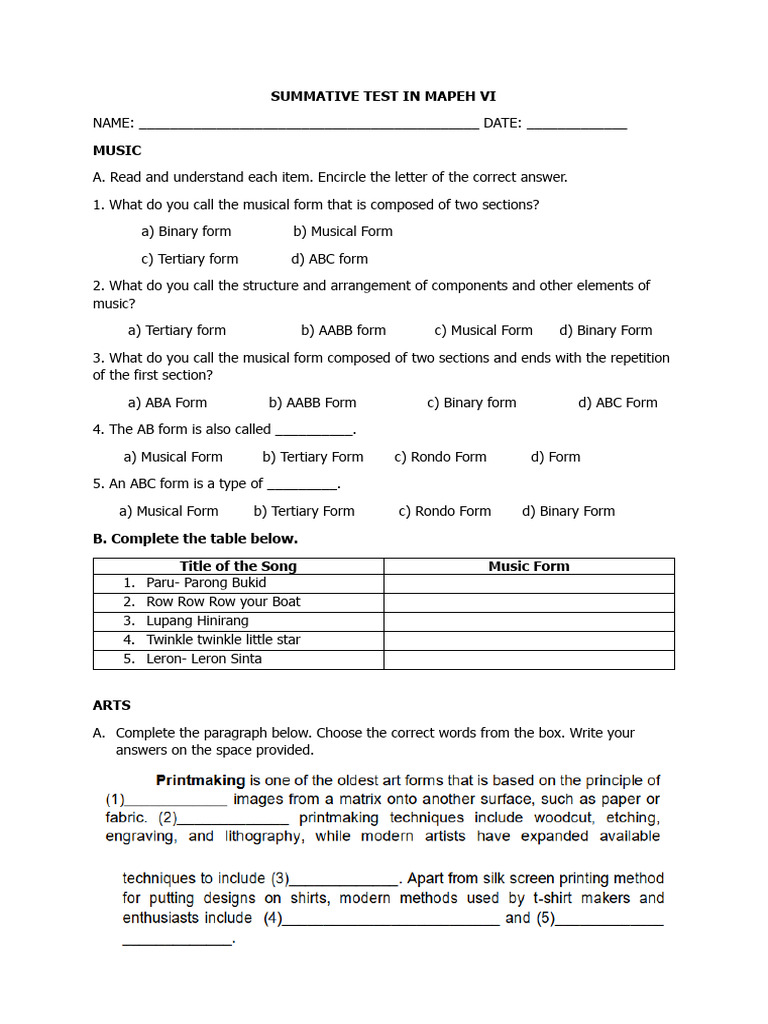 Summative Test in Mapeh Vi | PDF | Printing | Graphic Design