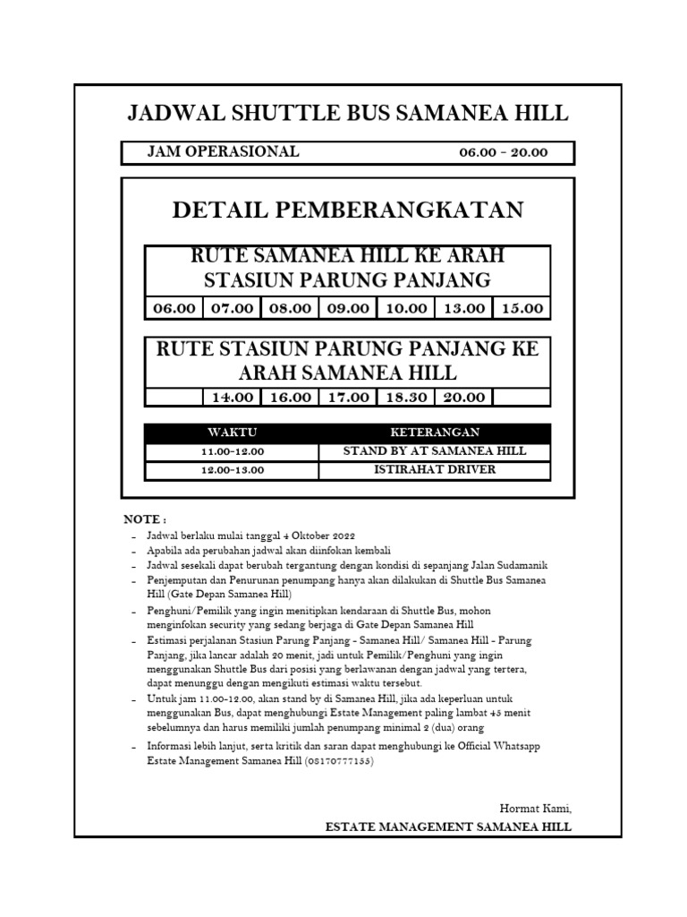 Jadwal Shuttle Bus Samanea Hill | PDF