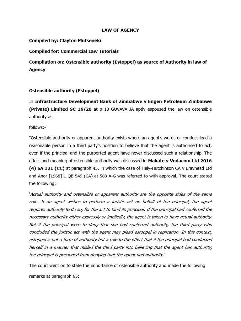 LAW OF AGENCY OSTENSIBLE AUTHORITY ASPECT (ESTOPPEL) PDF | PDF
