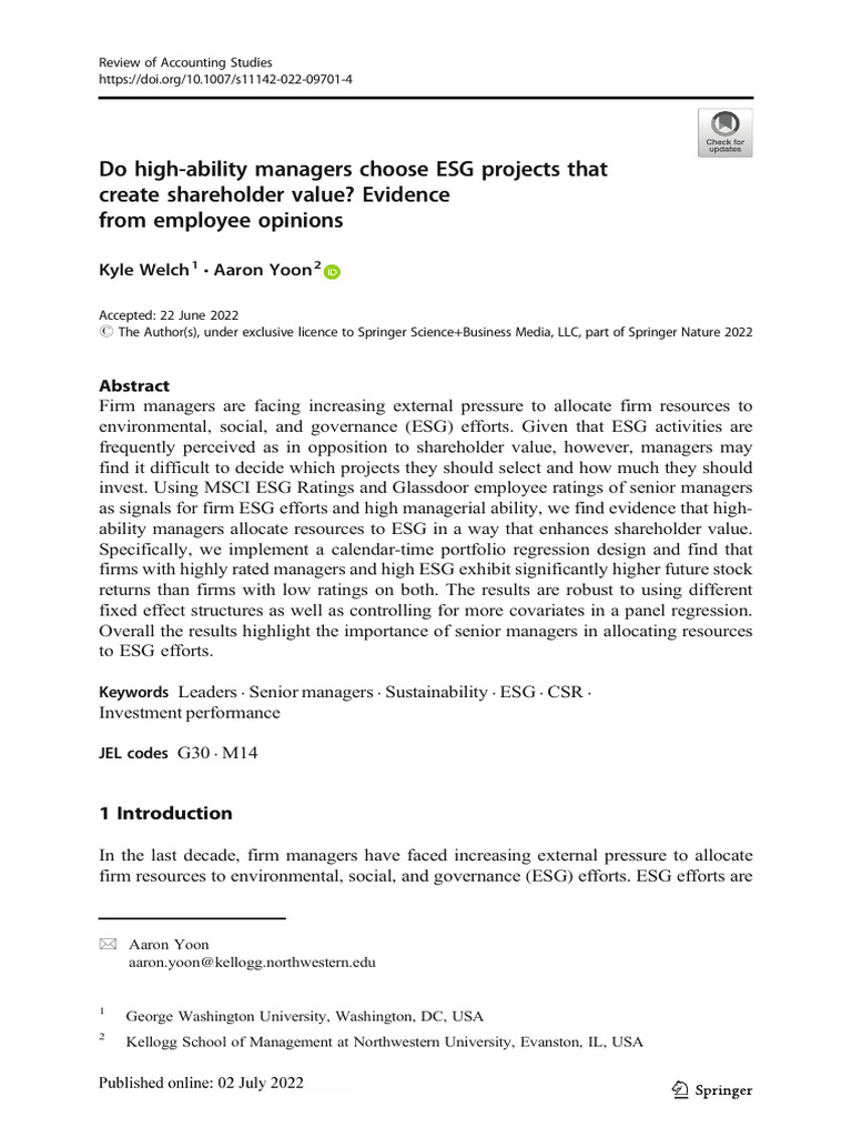 Do High-Ability Managers Choose ESG Projects That Create Shareholder Value - Evidence From ...