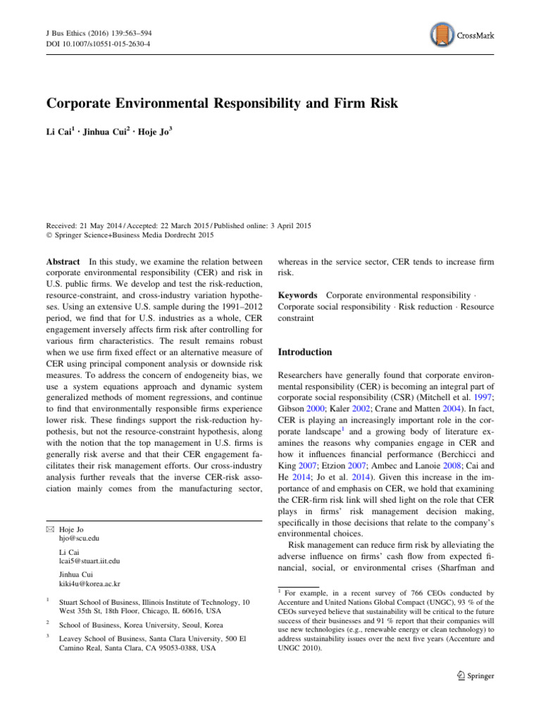 Corporate Environmental Responsibility and Firm Risk | PDF
