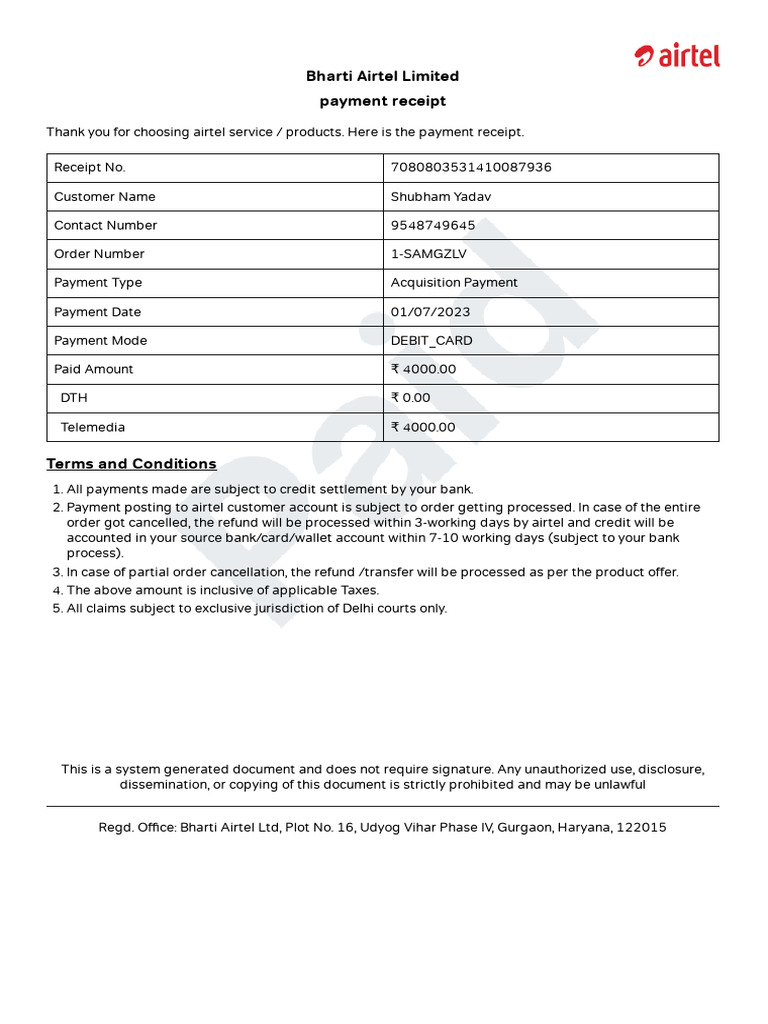 Bharti Airtel Limited Payment Receipt | PDF