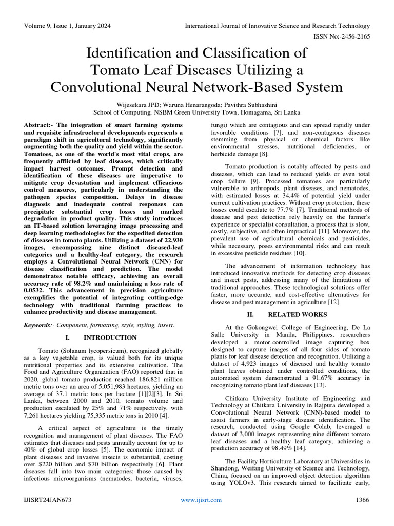 Identification and Classification of Tomato Leaf Diseases Utilizing A Convolutional Neural ...