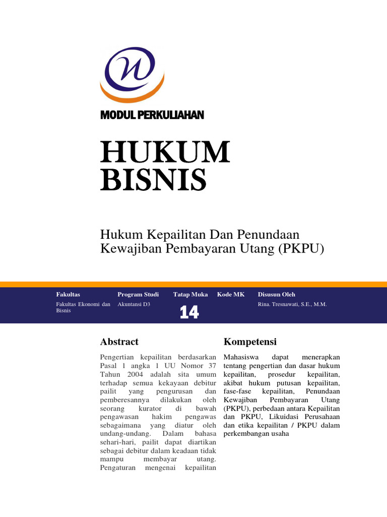 Modul 14 - Hukum Kepailitan Dan Penundaan Kewajiban Pembayaran Utang (PKPU) .Docx NEW | PDF