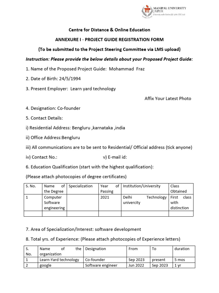 Annexure I (Project Guide Form) | PDF