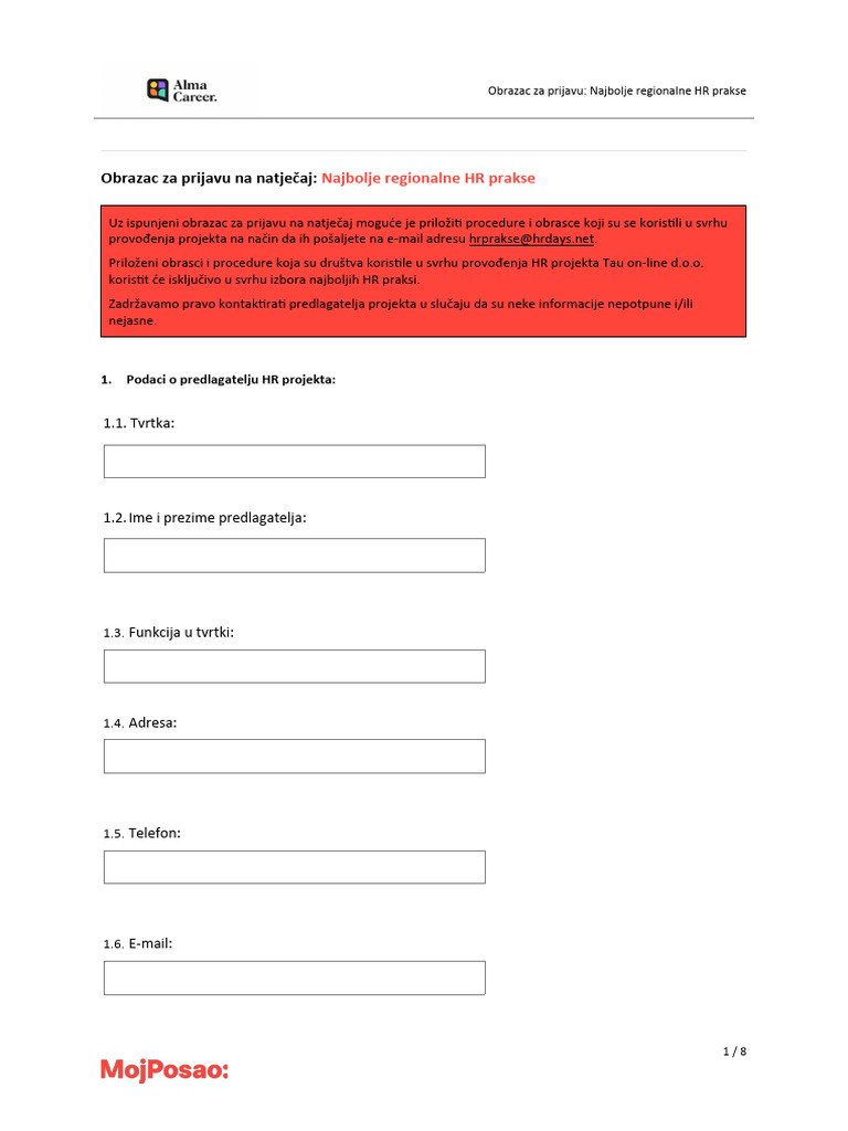 Obrazac Za Prijavu Moj Posao Najbolje Regionalne HR Prakse | PDF