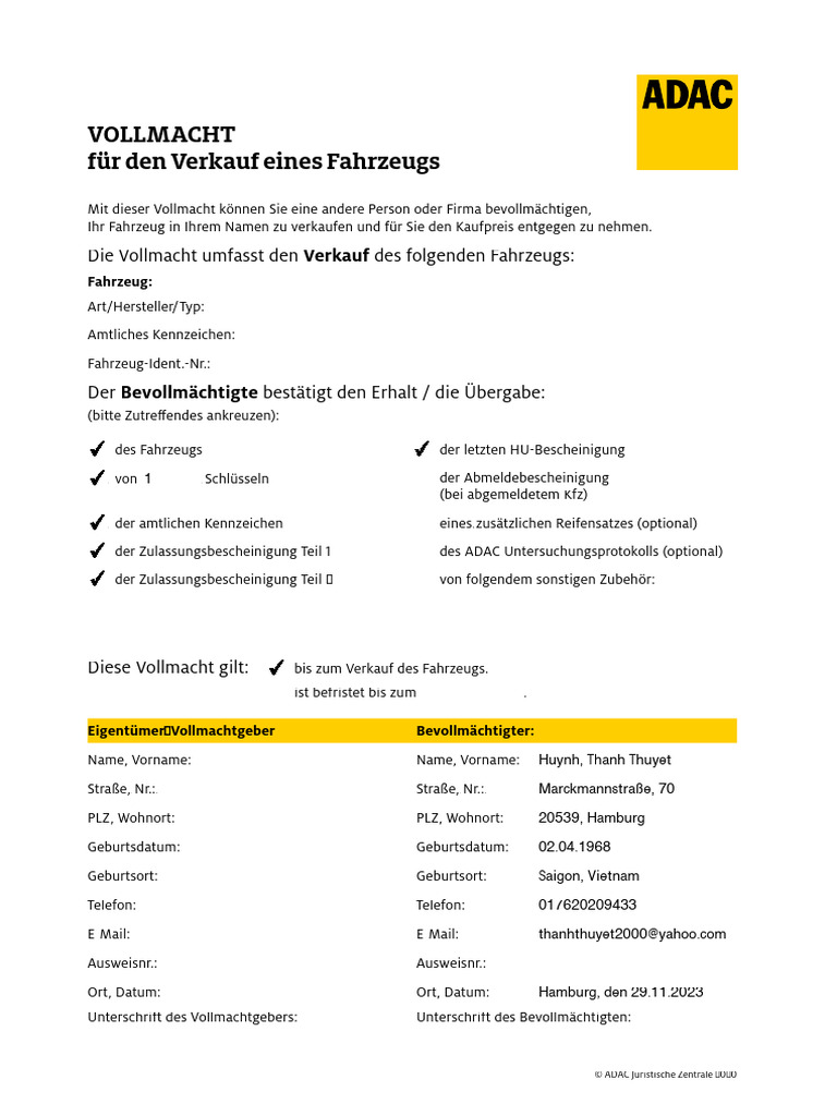 Vollmacht Autoverkauf | PDF