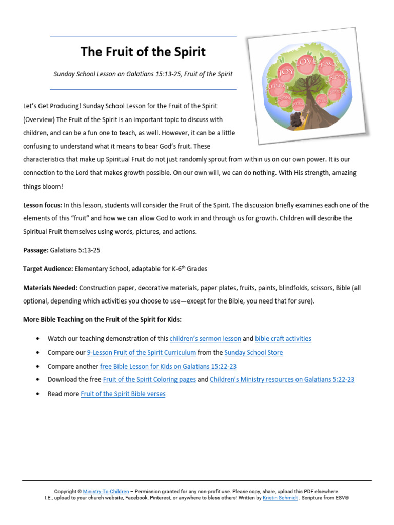 Fruit of The Spirit Sunday School Lesson For Kids | PDF | Wellness ...