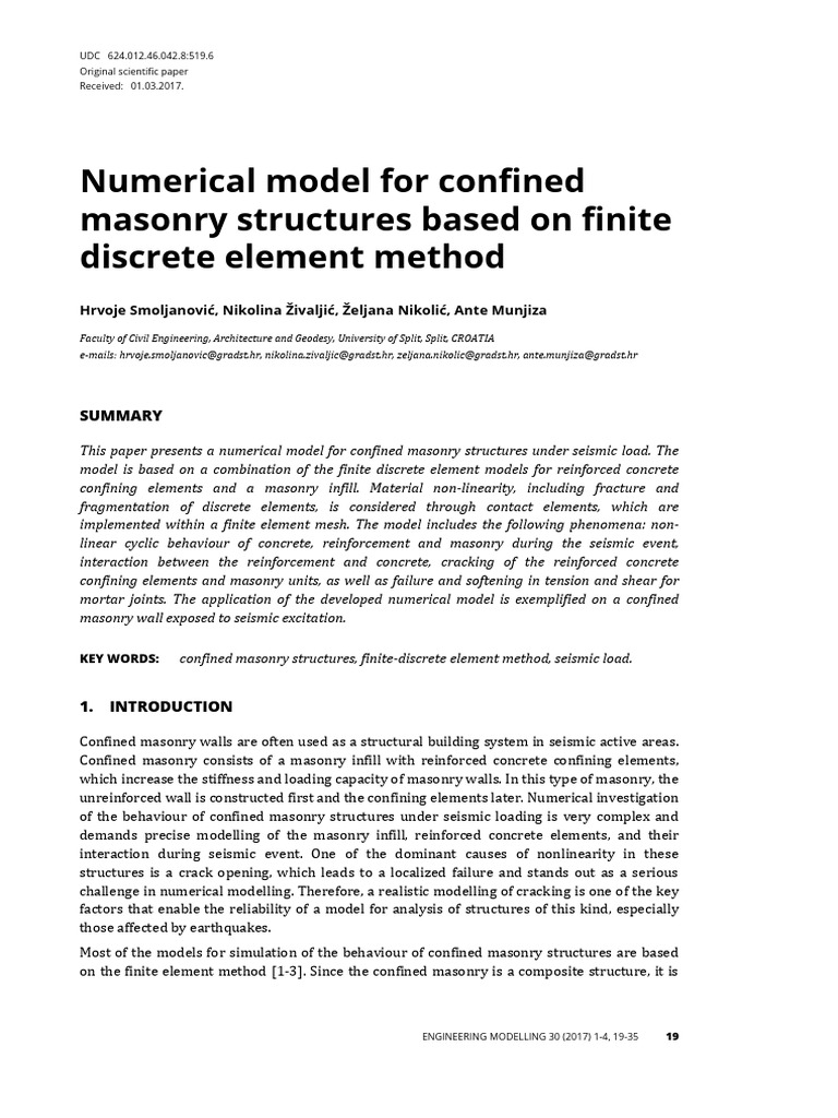 Smoljanović - Numerical model for confined masonry boased on discrete element method | PDF