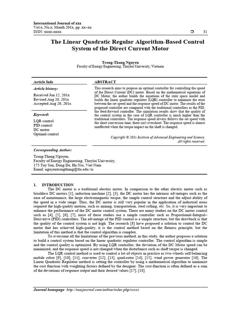 The Linear Quadratic Regular Algorithm-Based Control System of The Direct Current Motor | PDF ...