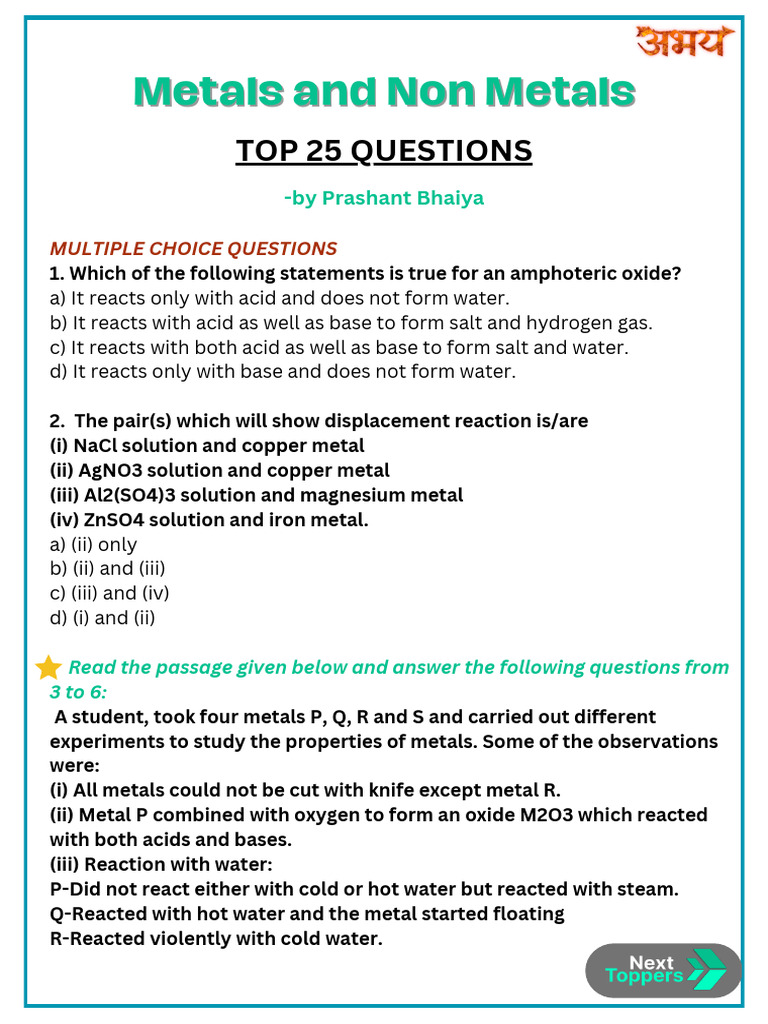 DPP-Metals and Non Metals (Prashant Kirad) | PDF