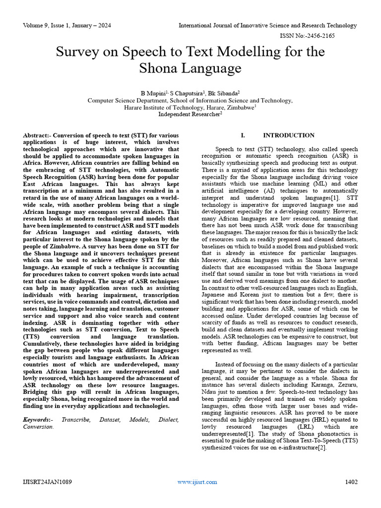 Survey On Speech To Text Modelling For The Shona Language | PDF ...