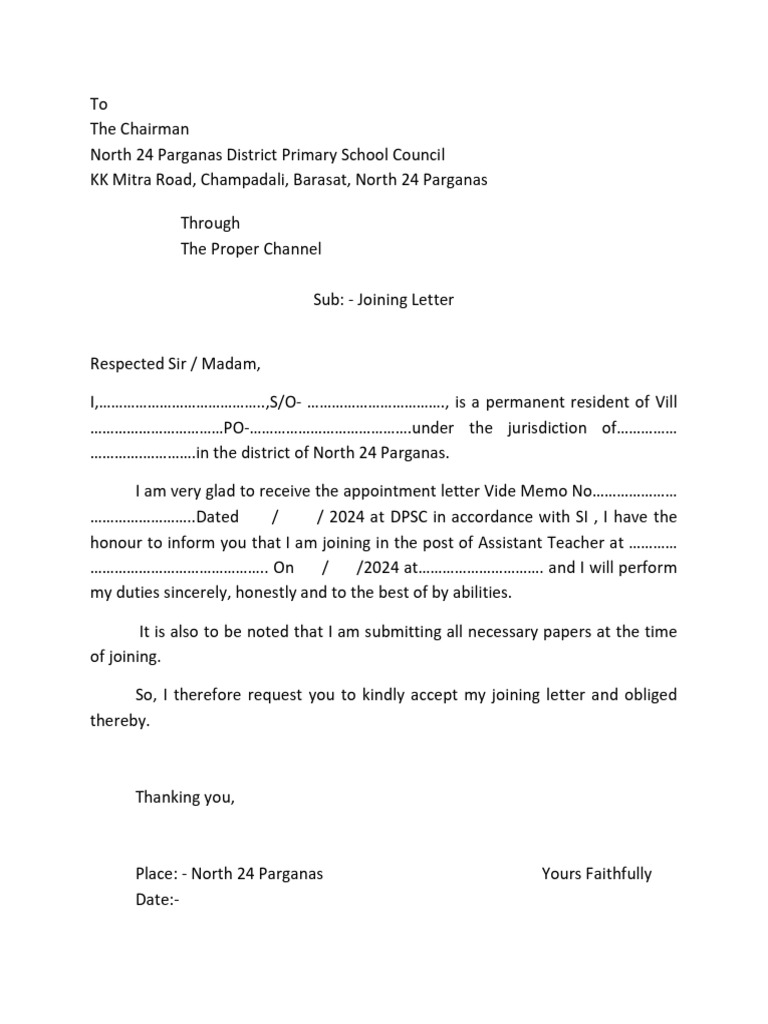 Joining Letter for Assistant Teacher | PDF