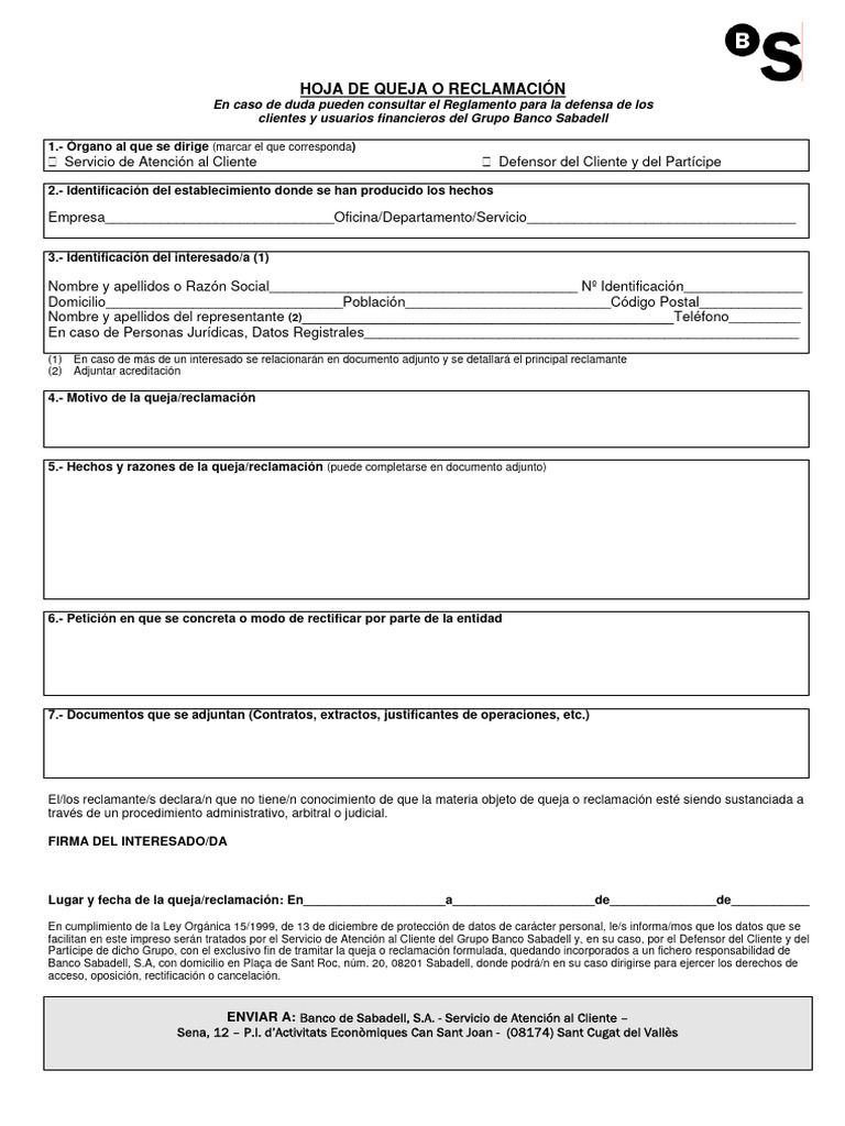 BS Consumer Serv Atenc Cliente Hoja Reclamacion Castellano | PDF