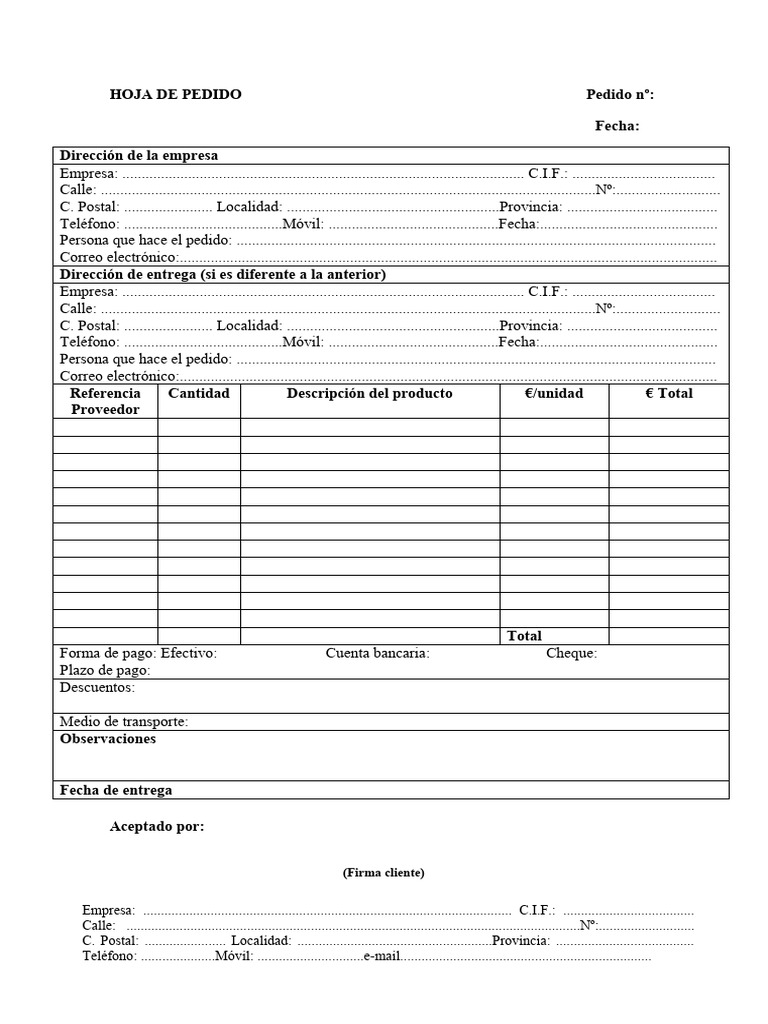 Pedido y Propuesta de Pedido Blanco | PDF