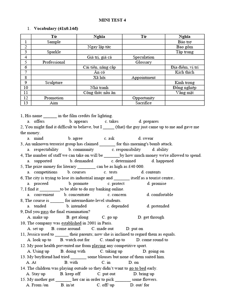 Mini Test 4: Vocabulary & Grammar | PDF