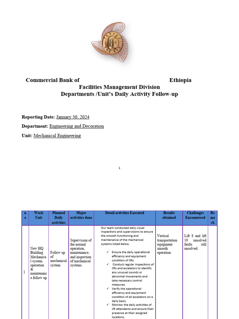 Mechanical Systems Daily Report - Jan 2024 | PDF | Elevator | Systems ...