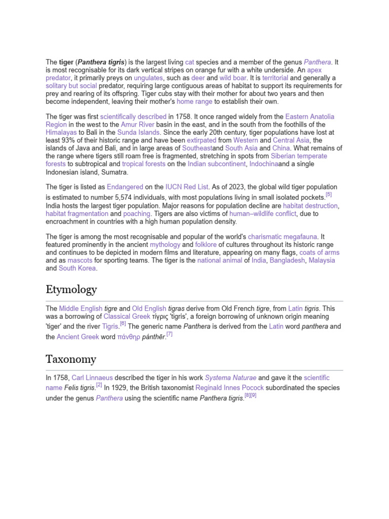 Tiger Notes | PDF | Tiger | Panthera