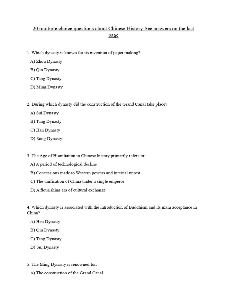 20 Multiple Choice Questions About Chinese History | Download Free PDF ...