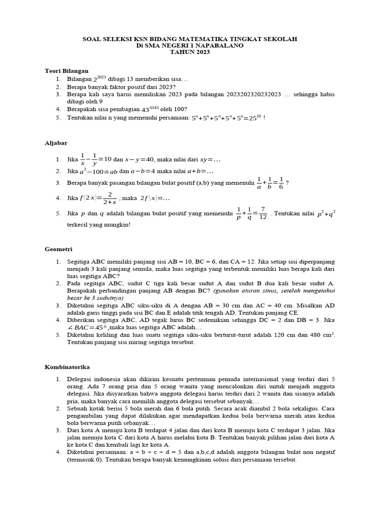 Seleksi KSN Matematika 2023 | PDF