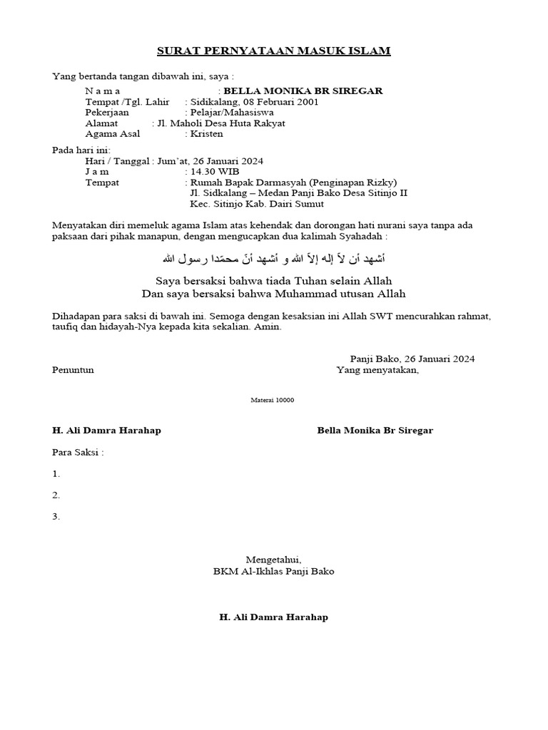 Surat Pernyataan Mualaf Bella Monika | PDF