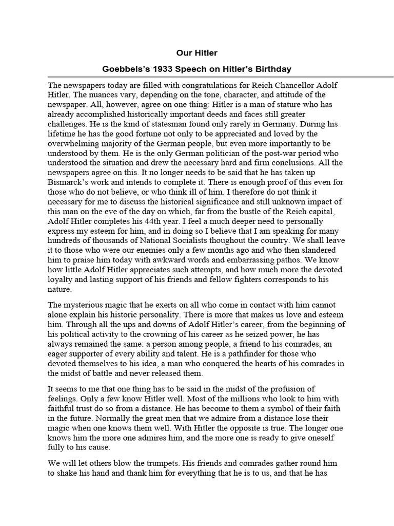 Goebbels's 1933 Speech on Hitler | PDF