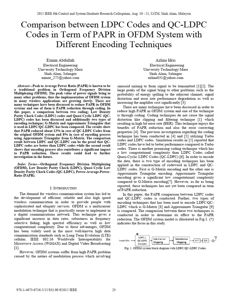 OFDM PAPR: LDPC vs QC-LDPC Codes | PDF | Low Density Parity Check Code | Orthogonal Frequency ...