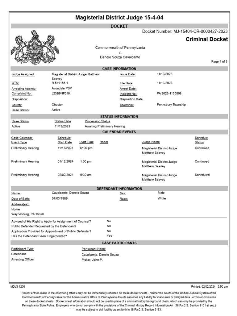 Danelo Cavalcante Docket Sheet | PDF | Magistrate | Theft