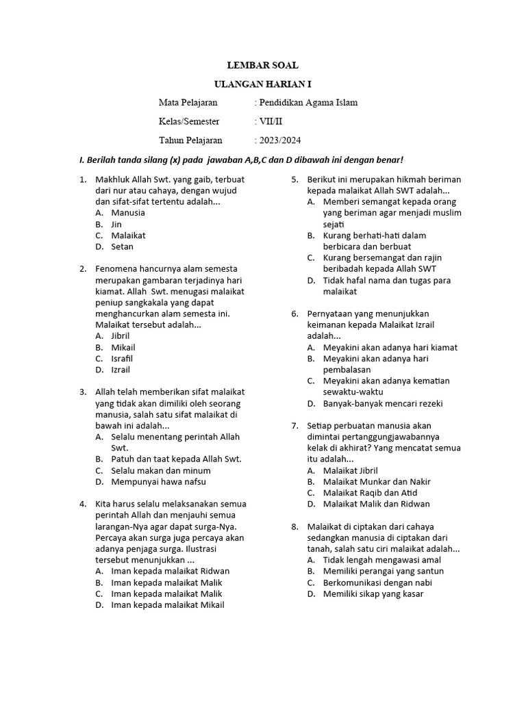 Lembar Soal Kls 7 Ulangan Harian 1 | PDF