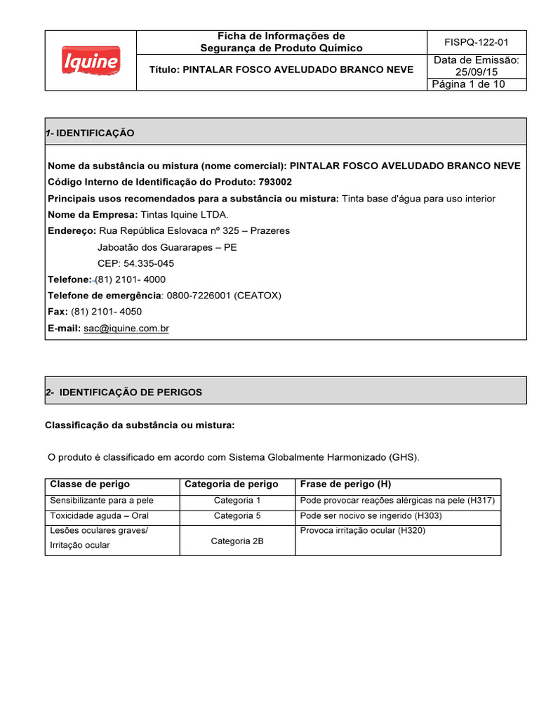 Ficha de Informações de Segurança de Produto Químico Data de Emissão ...